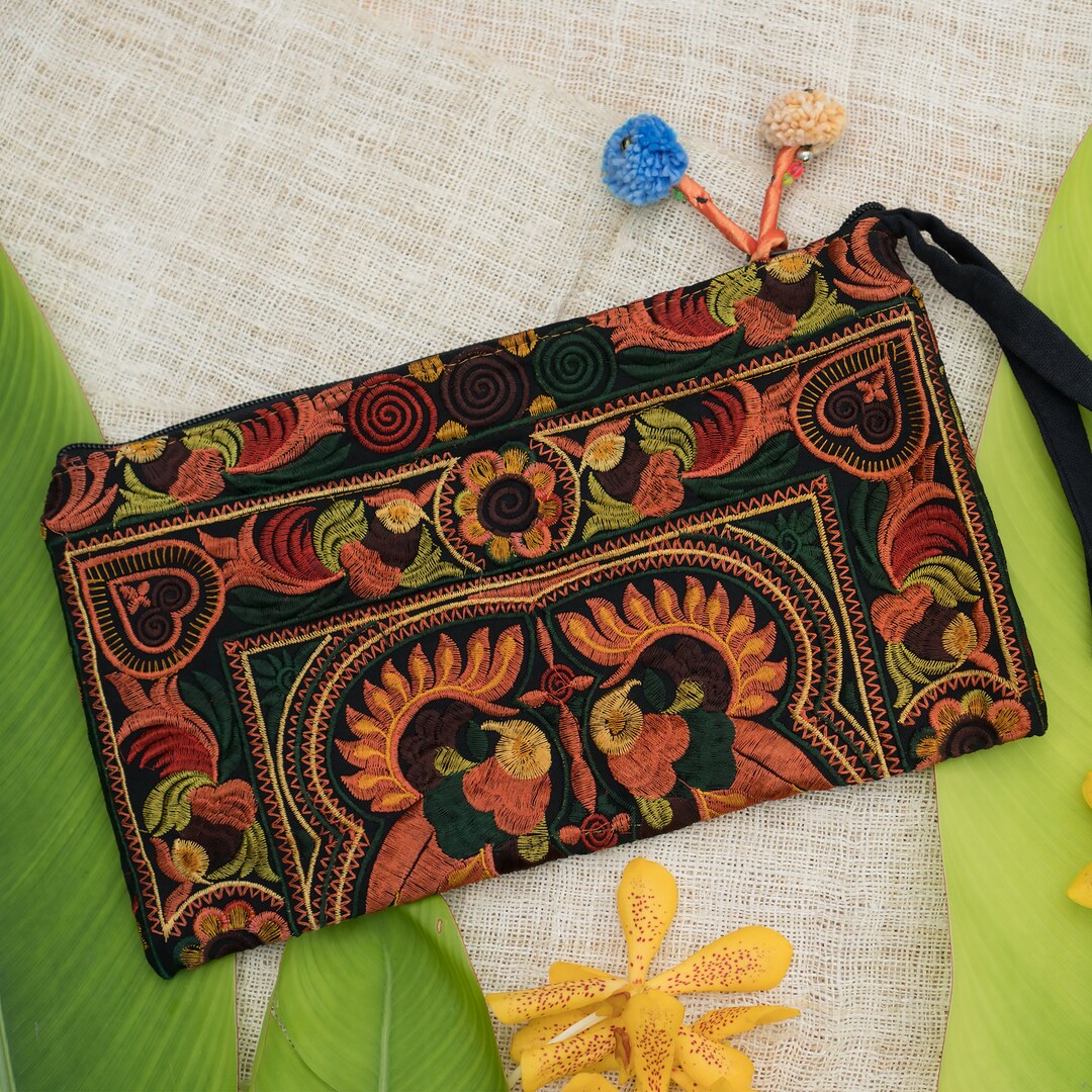 Mocha Hmong Embroidered Clutch Bag, Ethnic Wristlet Purse, Thailand ...