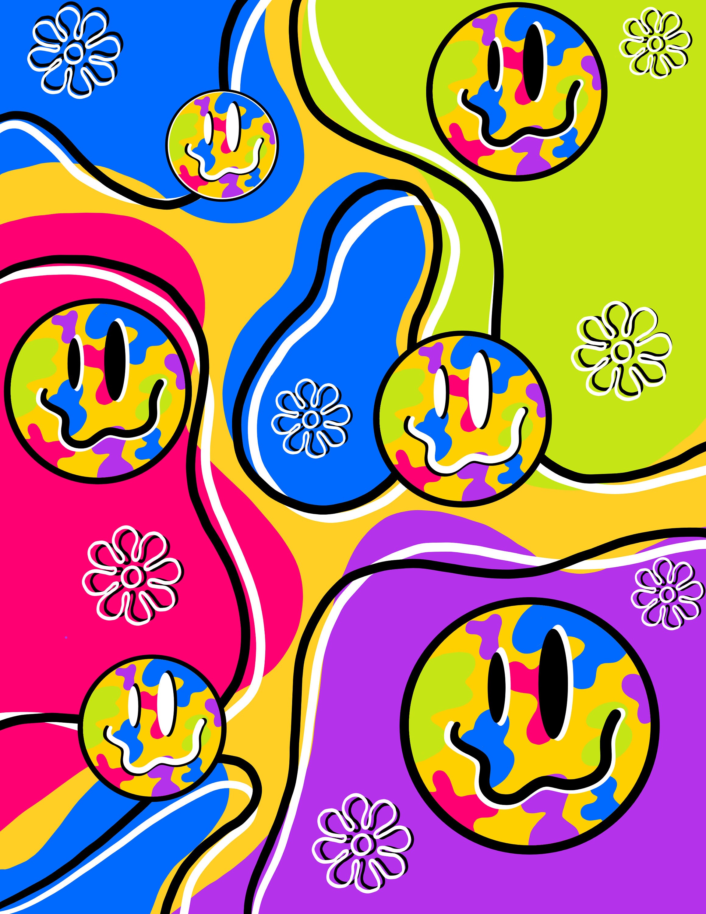 Groovy Smiley Face Art Print, Retro Decor, Retro Psychedelic Print, 70s ...