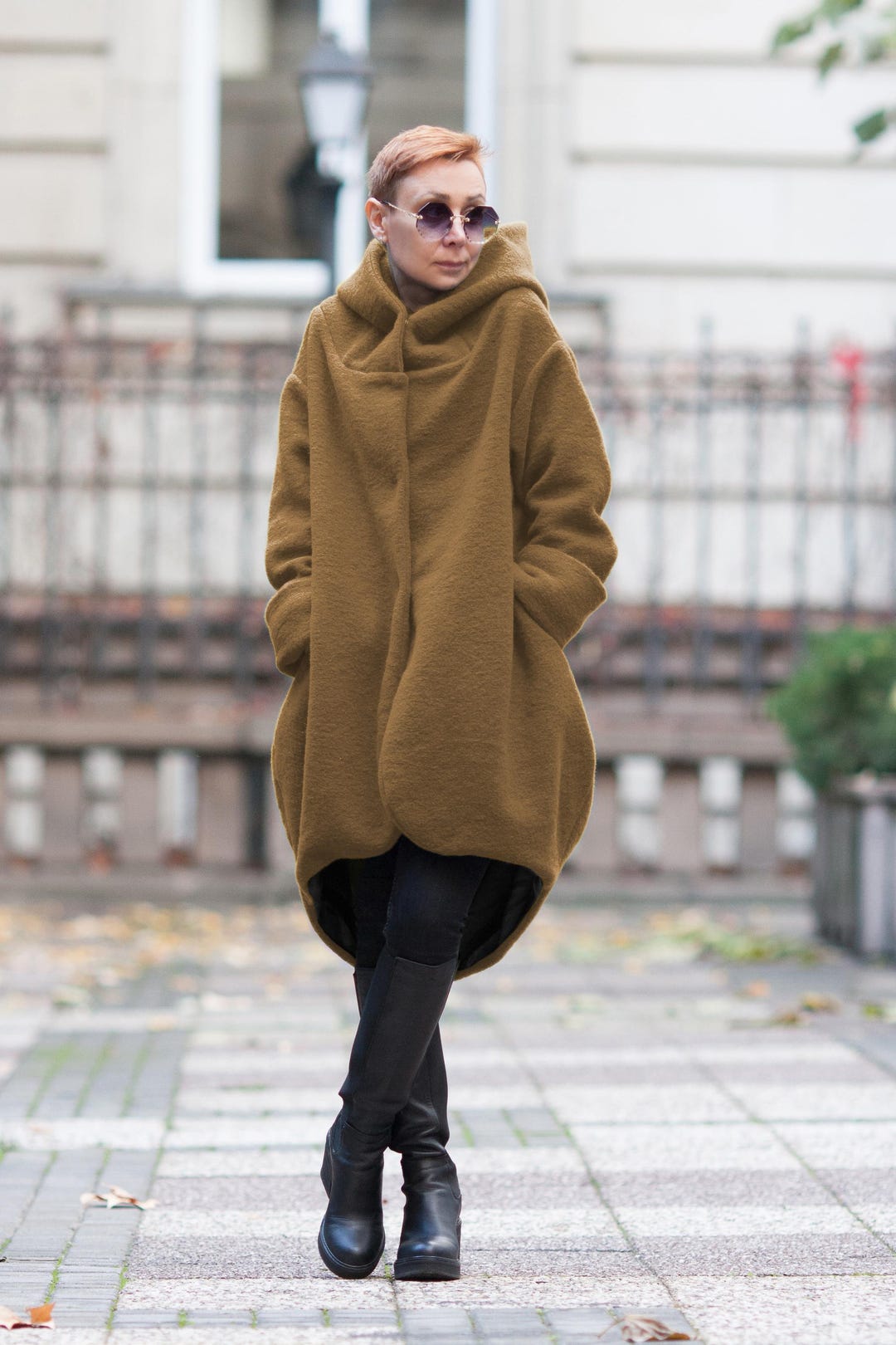 Boiled Wool Hooded Coat for Women, Warm Architectural Outerwear, Plus ...