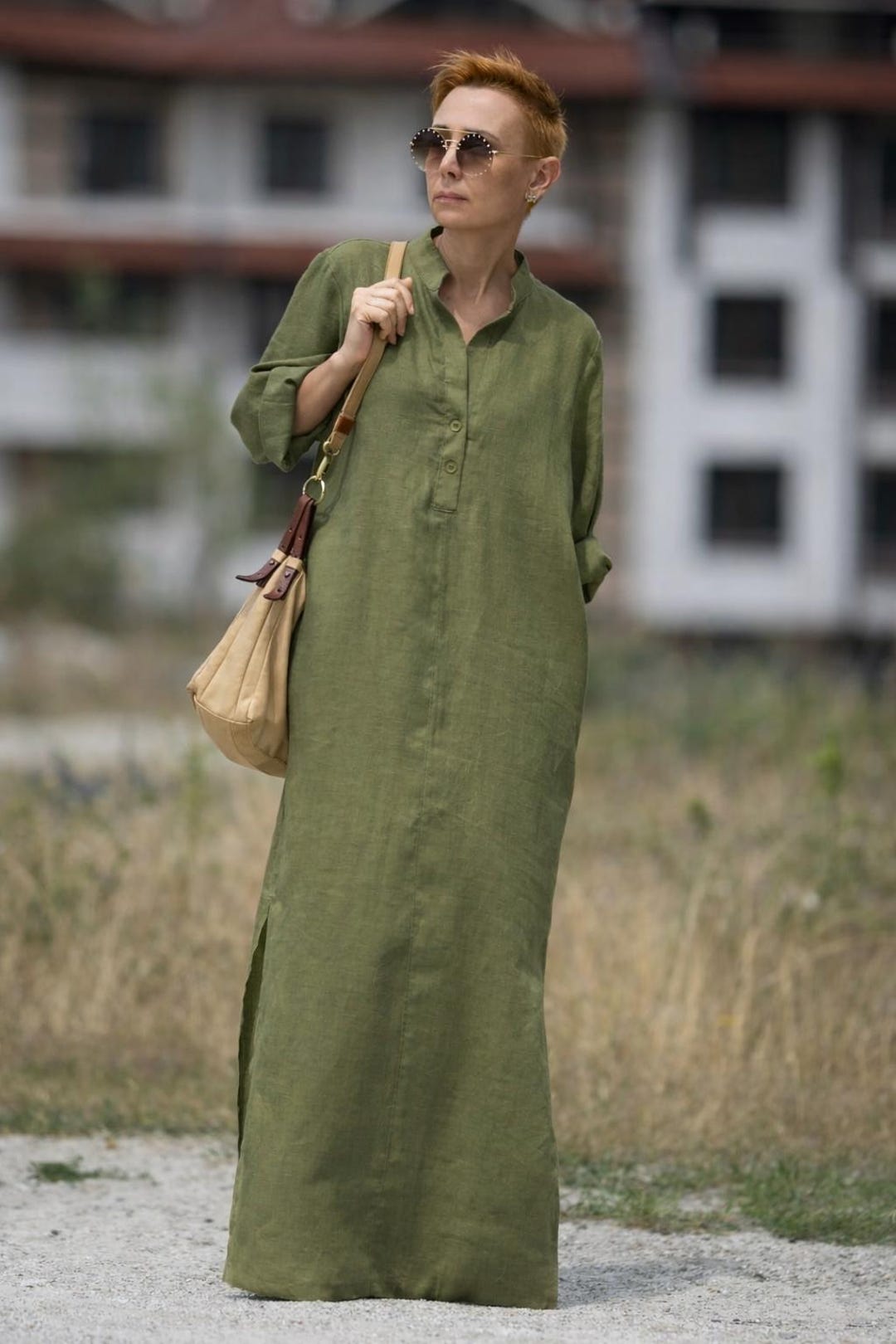 Military Green Linen Kaftan Dress Long Sleeve Maxi Shirt Dress - Etsy
