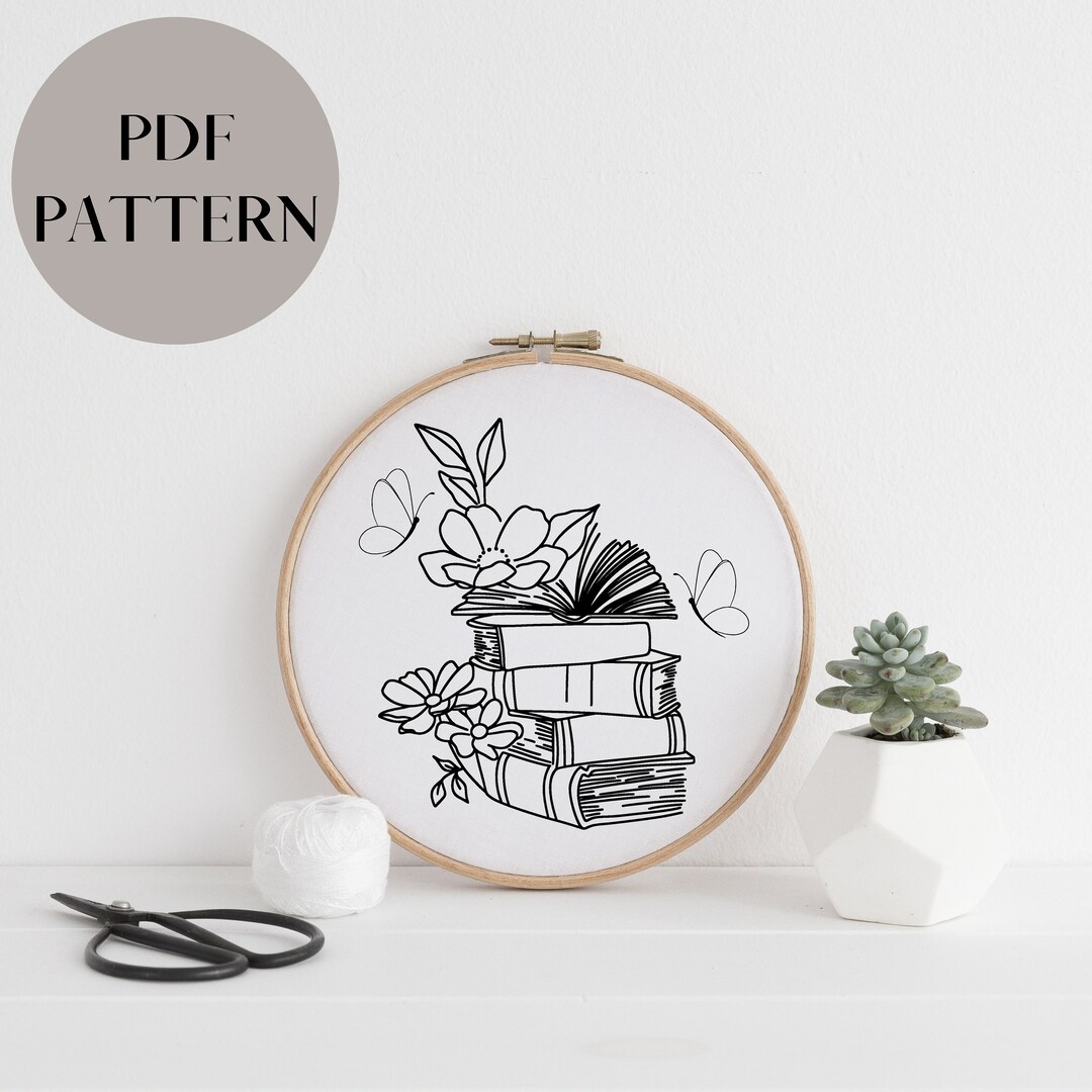 Books and Flowers Embroidery Pattern Pdf, Books Templates Spring Summer ...