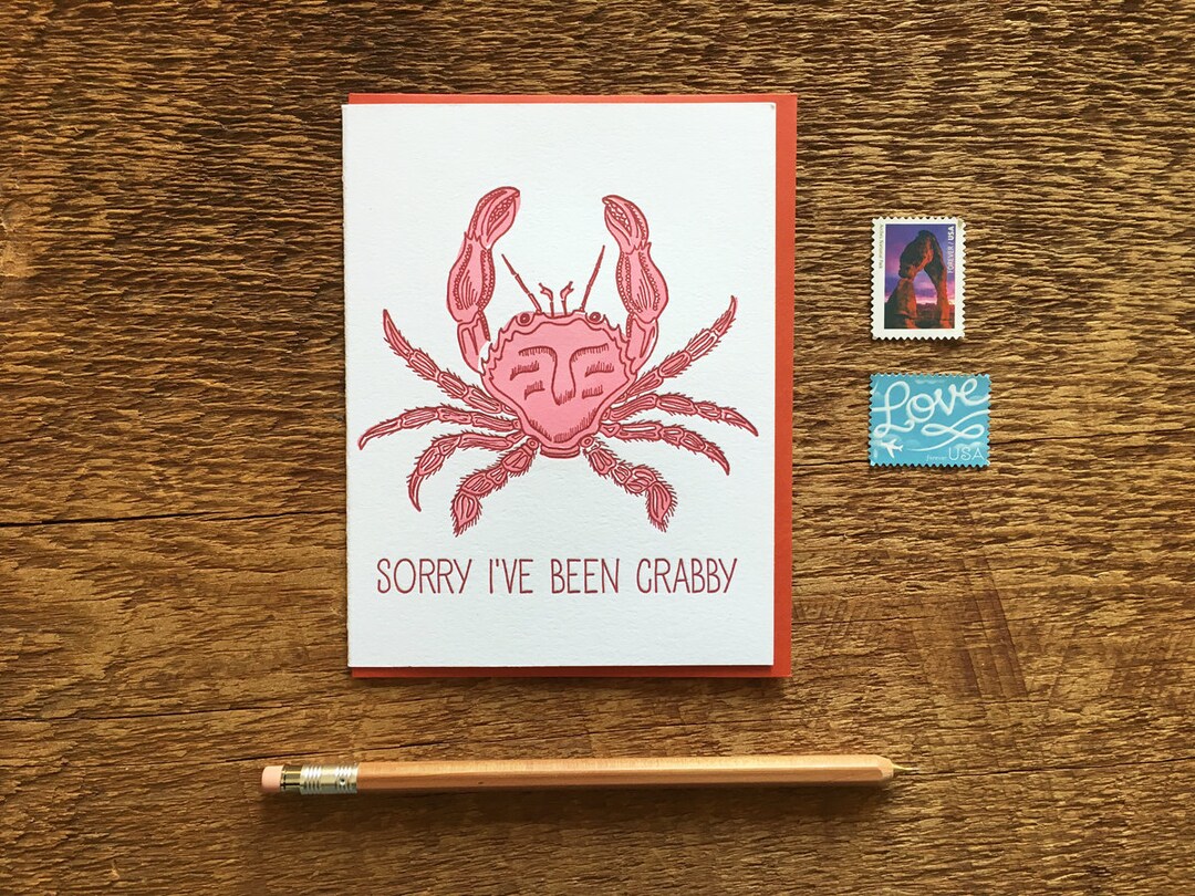 Sorry I've Been Crabby, Crab Card, Sorry Card, Letterpress Note Card ...