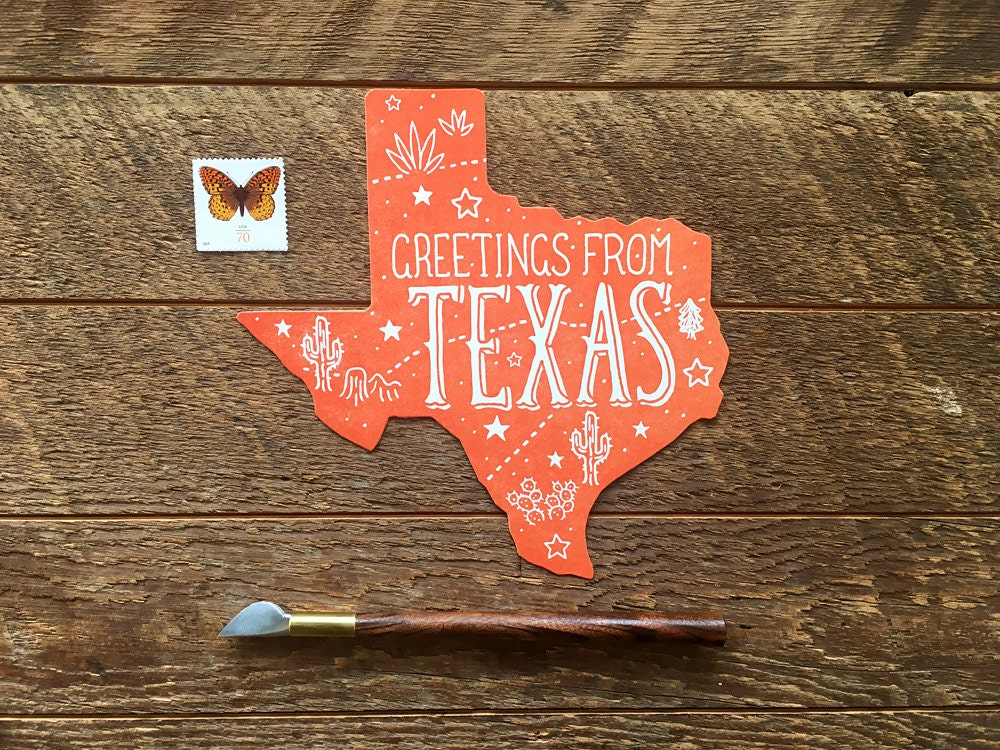 Texas Postcard Greetings from Texas Die Cut Letterpress | Etsy