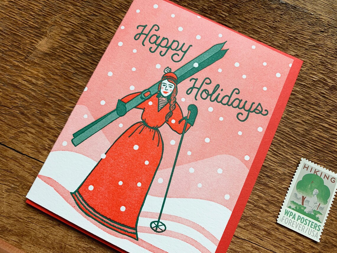 Happy Holidays Ski Lady Holiday Card Skiing Card - Etsy