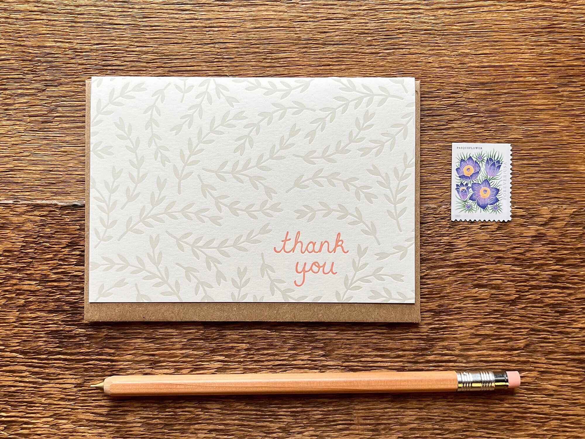 Grey Leaves Thank You Card, Letterpress Folded Note Card, Blank Inside ...