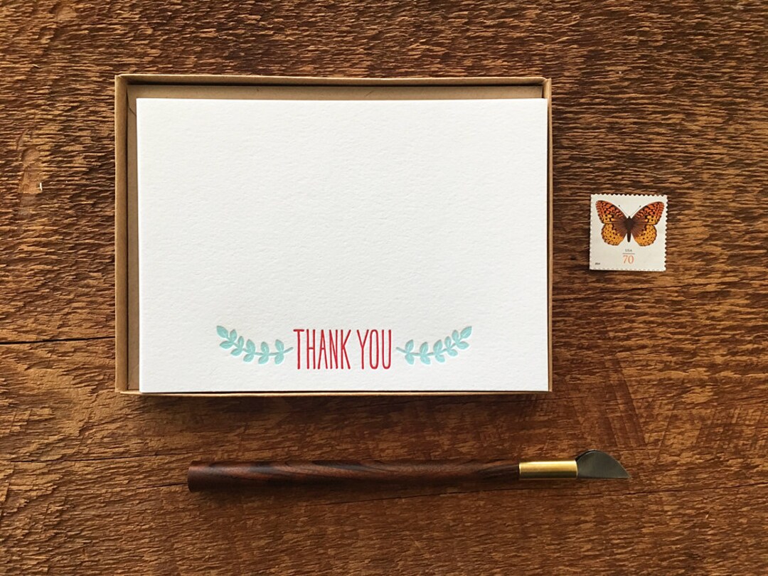 Thank You, Leaf Motif, Boxed Set of 8 Letterpress Flat Notes, Boxed ...