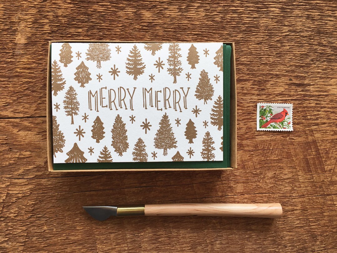Merry Merry, Gold Pine Tree Pattern Card, Boxed Set of 6 Holiday Cards ...
