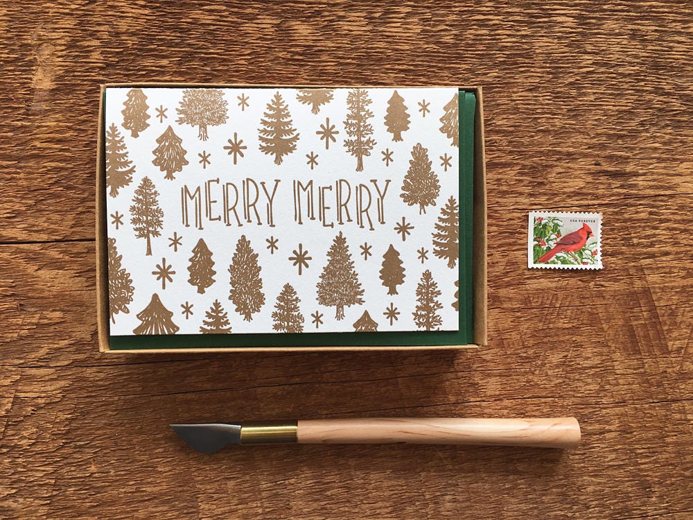 Merry Merry Gold Pine Tree Pattern Card Boxed Set of 6 | Etsy