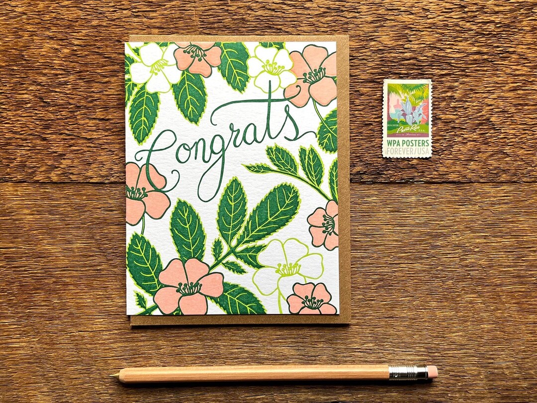 Congrats Flowers, Congratulations Card, Letterpress Note Card, Blank ...