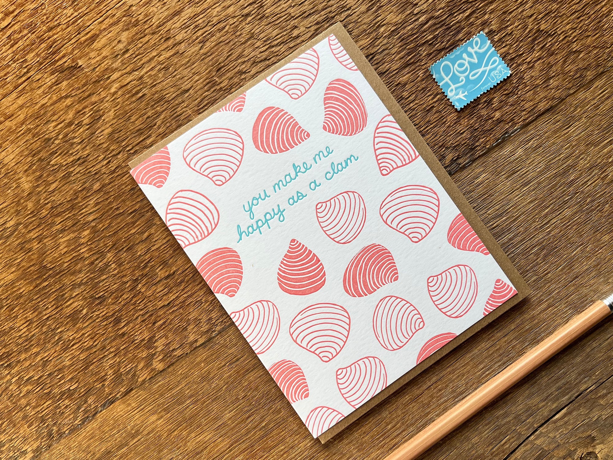 Happy Clam, Love Card, You Make Me Happy as A Clam, Single Letterpress ...