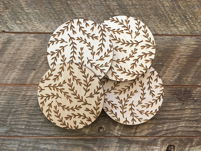Leaf Pattern Wood Coaster Set Set of 4 Wood Coasters | Etsy
