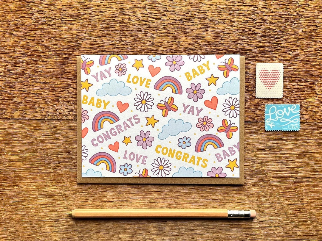 Baby Pattern, Baby Card, Rainbows, Butterflies Congrats Baby Card ...