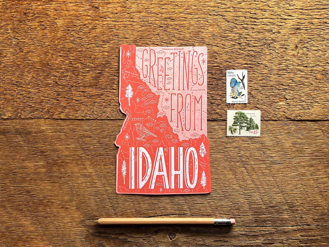 Idaho Postcard, Greetings From Idaho, Die Cut Letterpress State ...