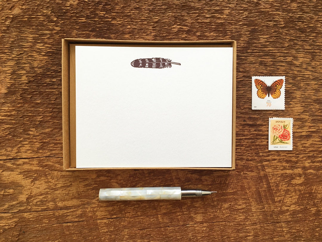 Feather Motif, Boxed Set of 8 Letterpress Flat Notes, Boxed Stationery ...