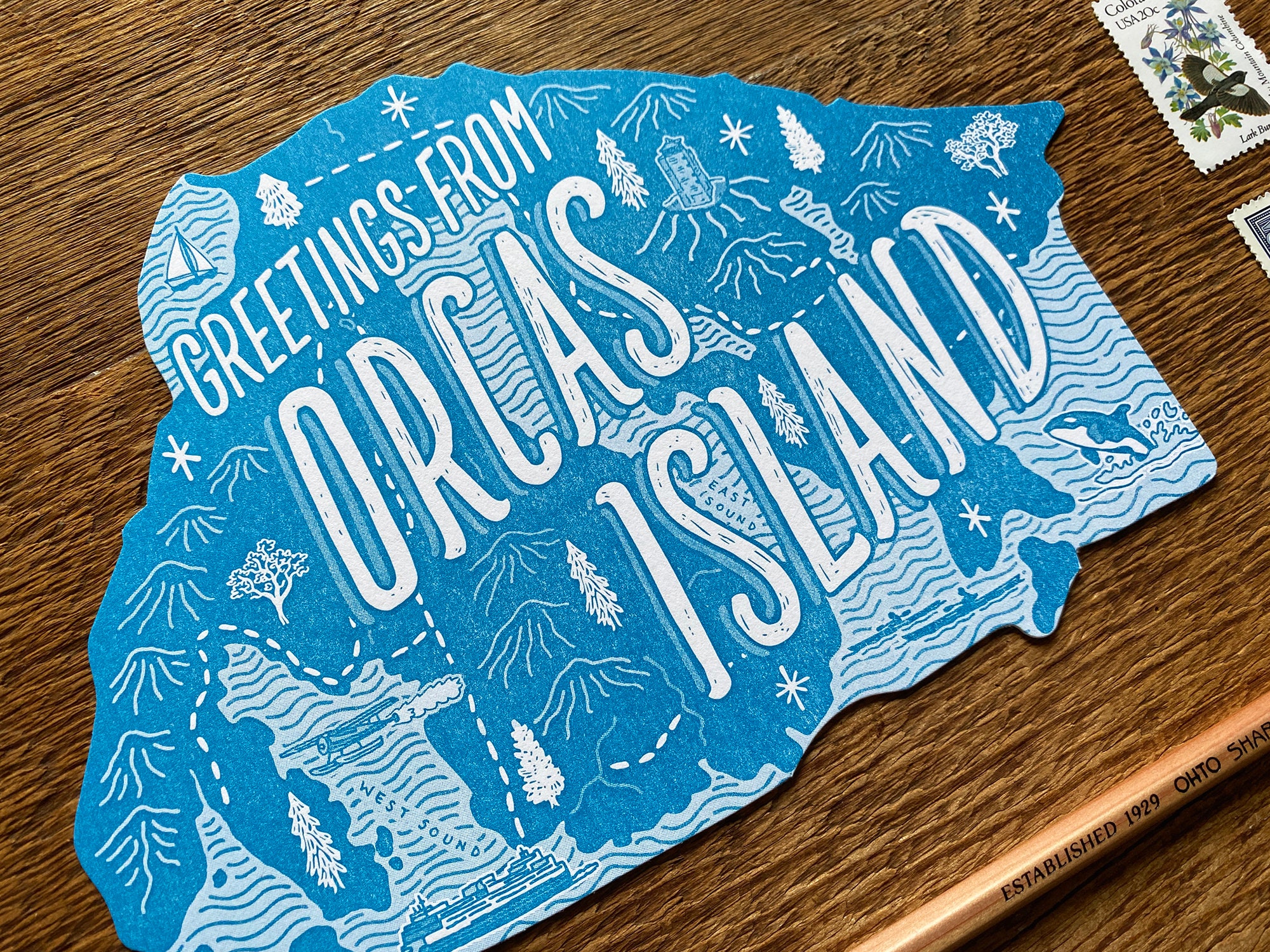 Die Cut Letterpress Postcard Greetings from Orcas Island Orcas Island ...