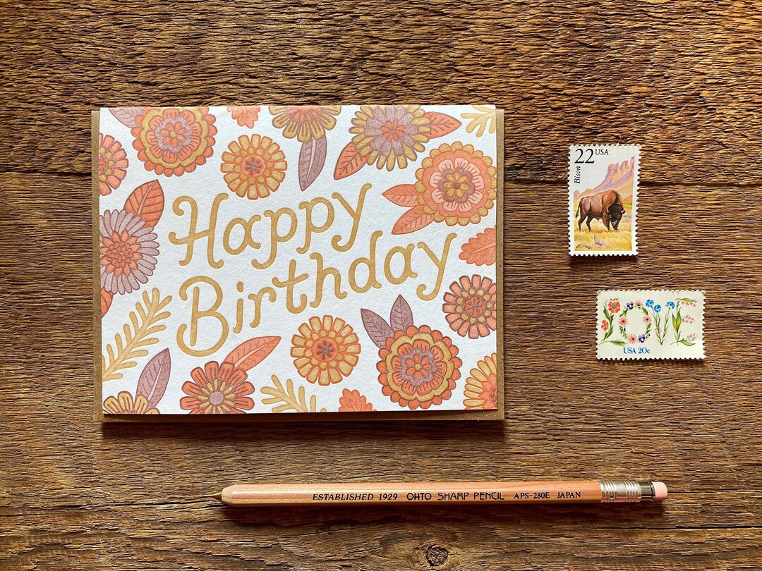 Happy Birthday, Retro Flora, Single Letterpress Folded Card, Blank ...