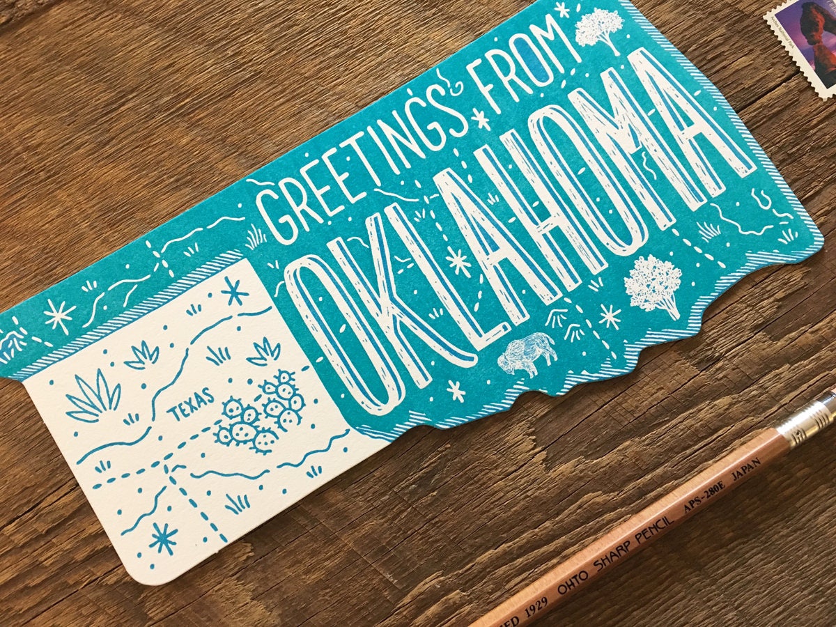 Oklahoma Postcard, Greetings From Oklahoma, Die Cut Letterpress State ...