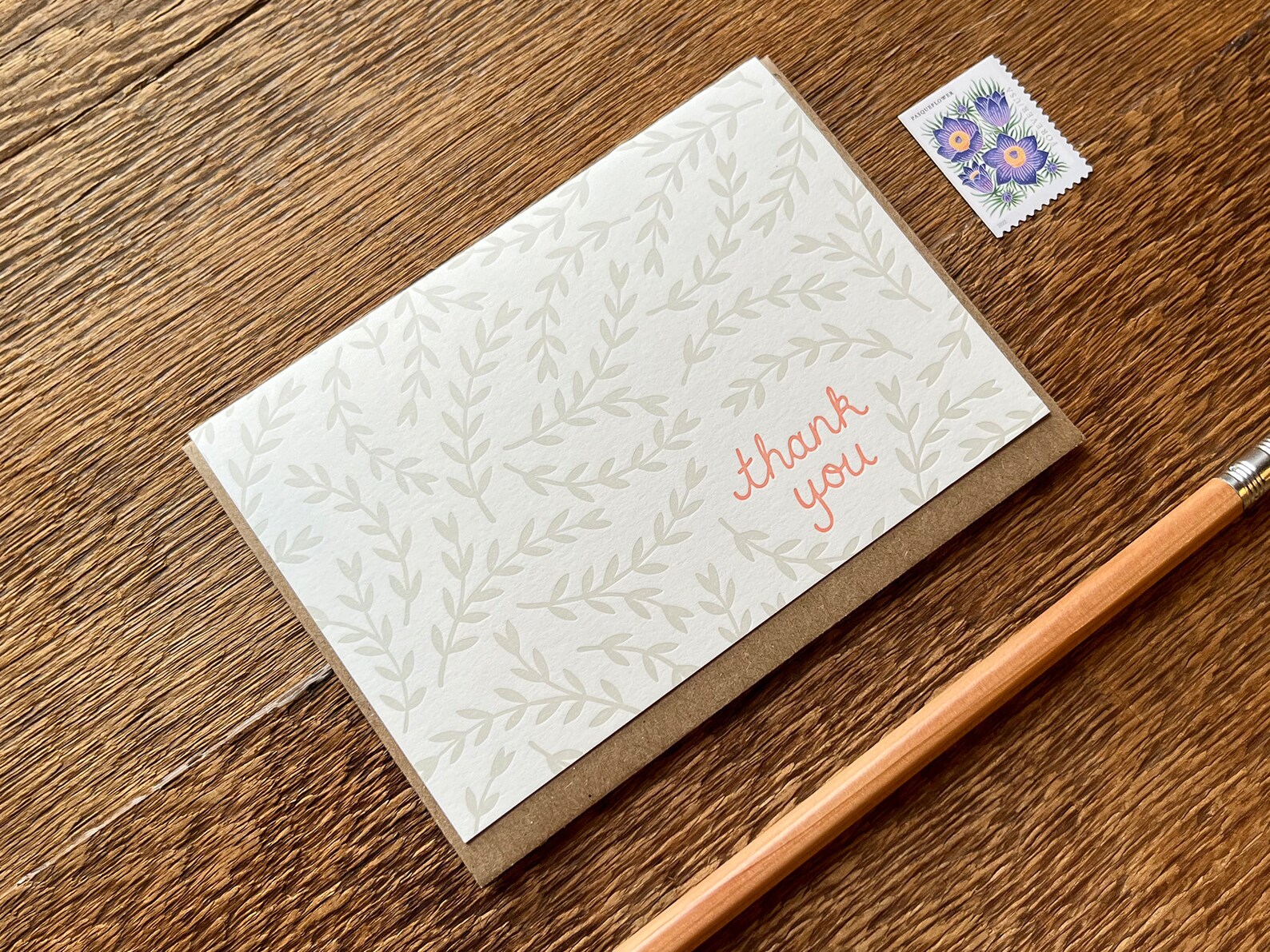 Grey Leaves Thank You Card, Letterpress Folded Note Card, Blank Inside ...