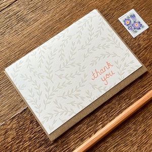 Grey Leaves Thank You Card, Letterpress Folded Note Card, Blank Inside ...