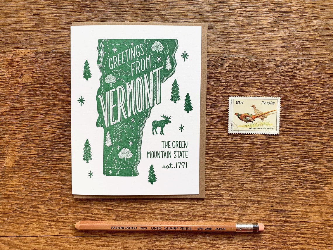 Vermont Greeting Card, Vermont State Map, Green Mountain State, A2 ...