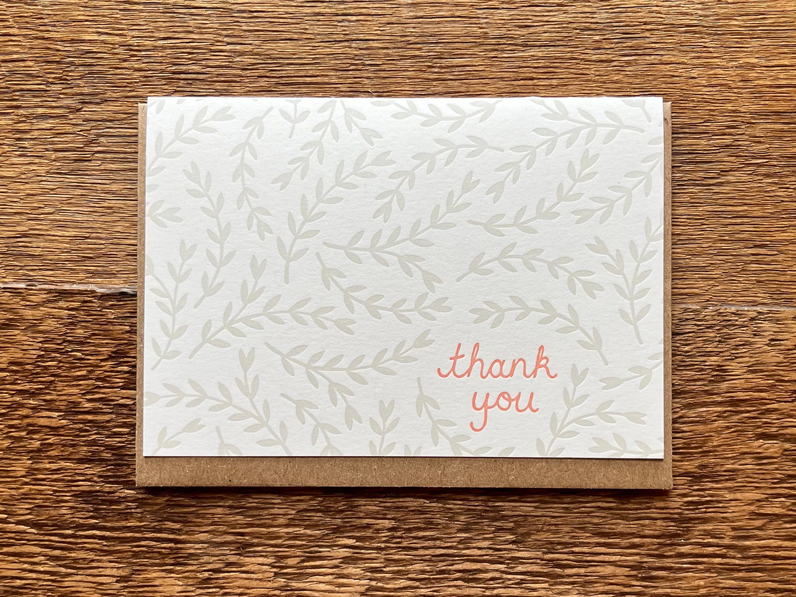 Grey Leaves Thank You Card, Letterpress Folded Note Card, Blank Inside ...