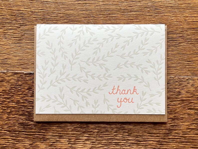 Grey Leaves Thank You Card, Letterpress Folded Note Card, Blank Inside ...