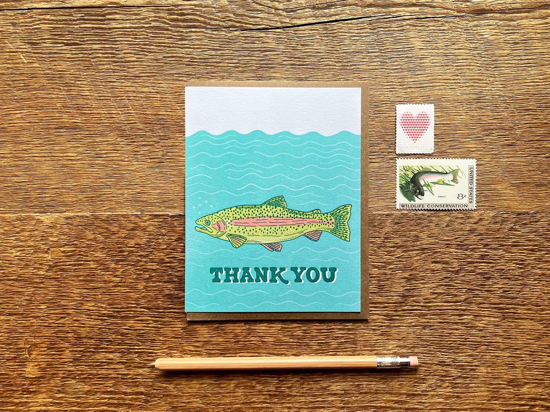 Trout Thank You, Fishing Card, Rainbow Trout Fishing Stationery, Single ...