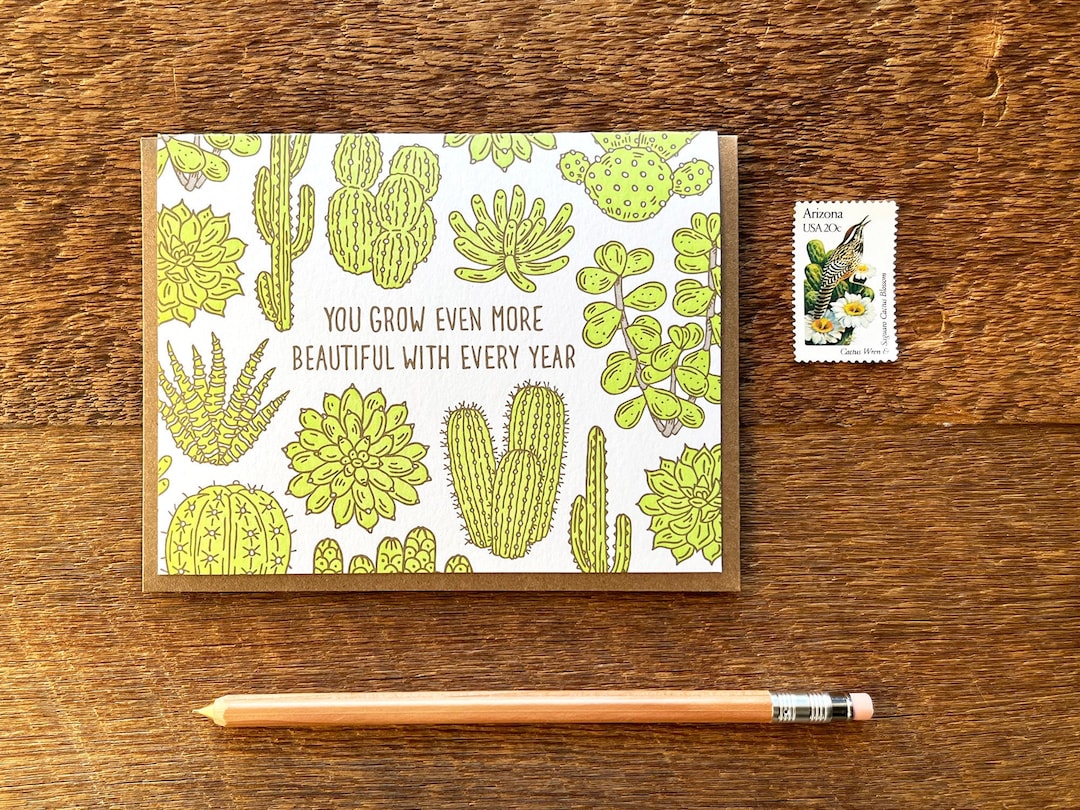 Every Year Birthday Card, Cactus & Succulents, Letterpress Folded Card ...