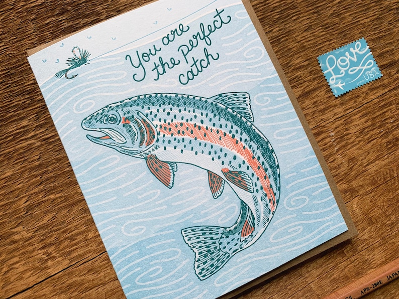 Perfect Catch Love Card, Fishing Card, Outdoors Card, Letterpress ...