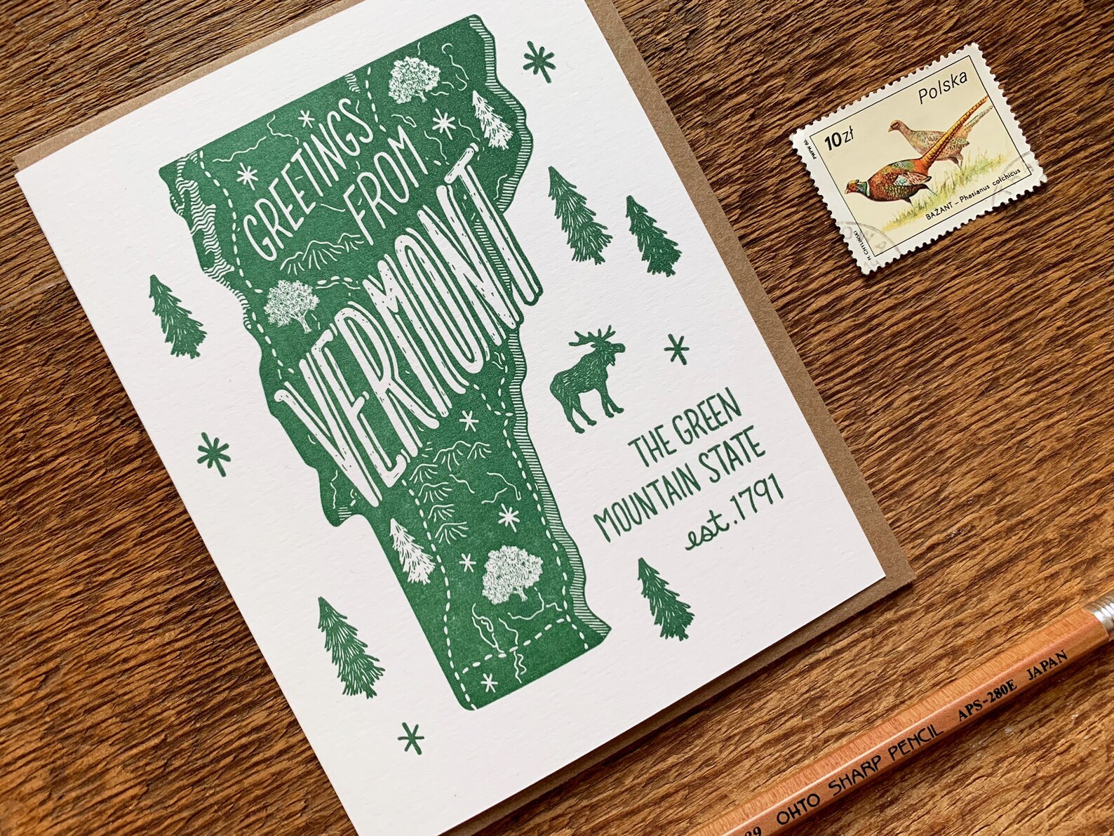 Vermont Greeting Card, Vermont State Map, Green Mountain State, A2 ...