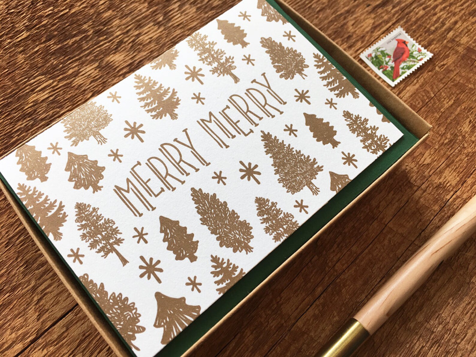 Merry Merry Gold Pine Tree Pattern Card Boxed Set of 6 | Etsy