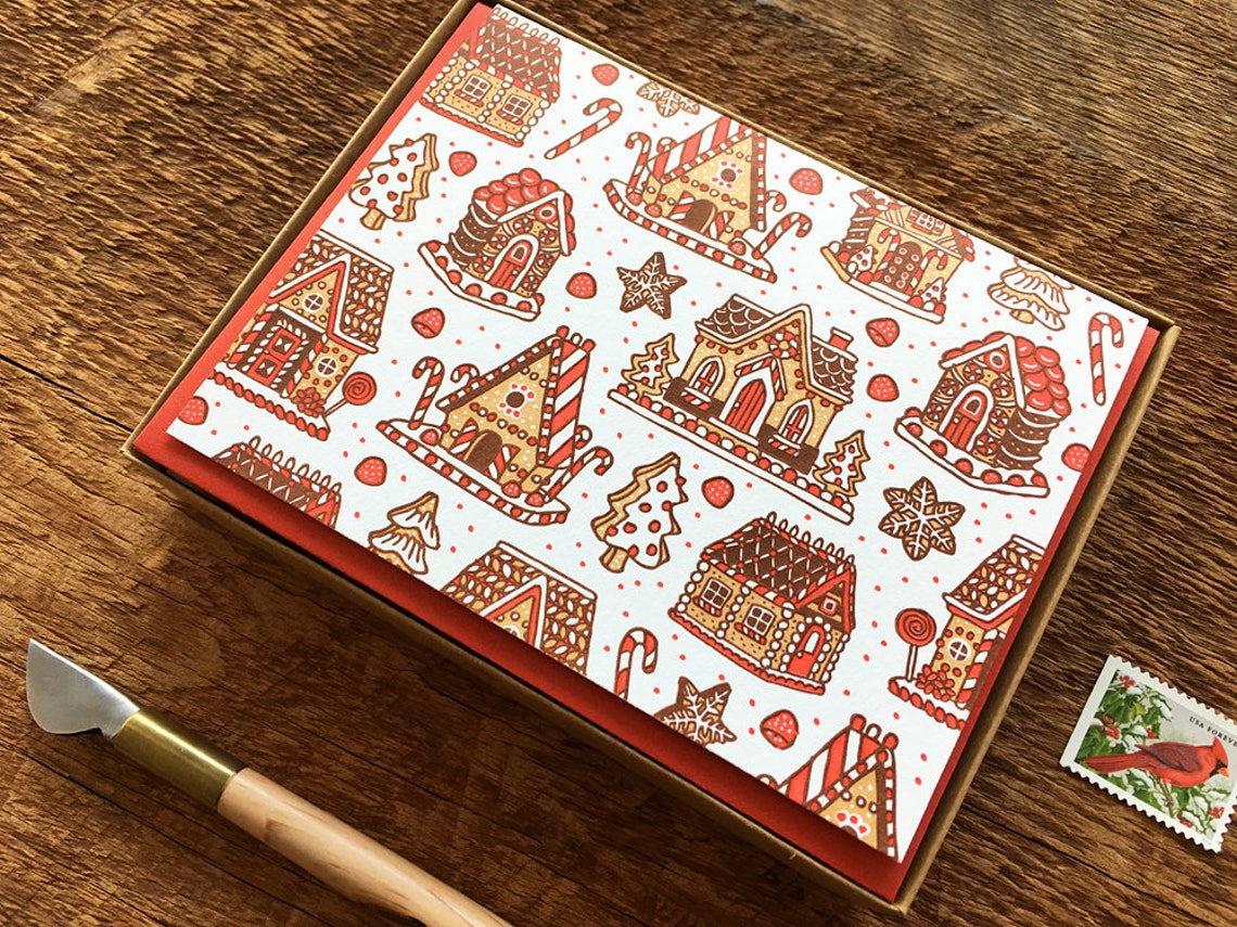 Gingerbread Houses Holiday Cards Boxed Set of 6 Letterpress - Etsy