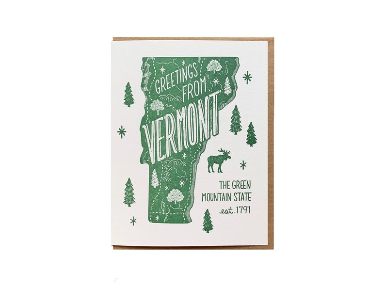 Vermont Greeting Card, Vermont State Map, Green Mountain State, A2 ...