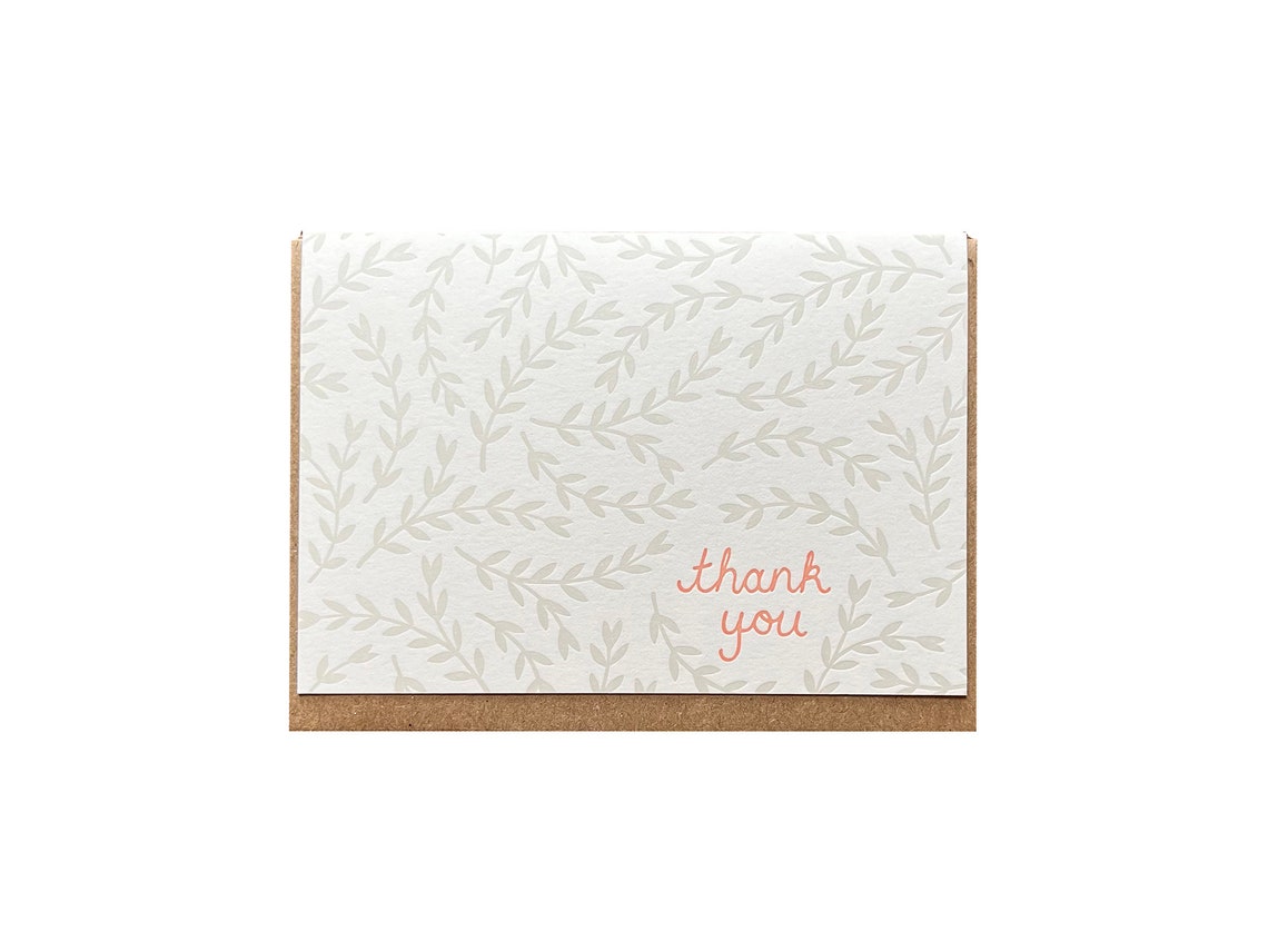 Grey Leaves Thank You Card, Letterpress Folded Note Card, Blank Inside ...