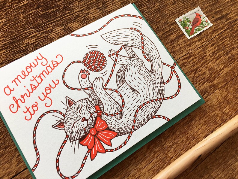 Christmas Cat, Meowy Christmas Card, Holiday Card, Letterpress Folded ...