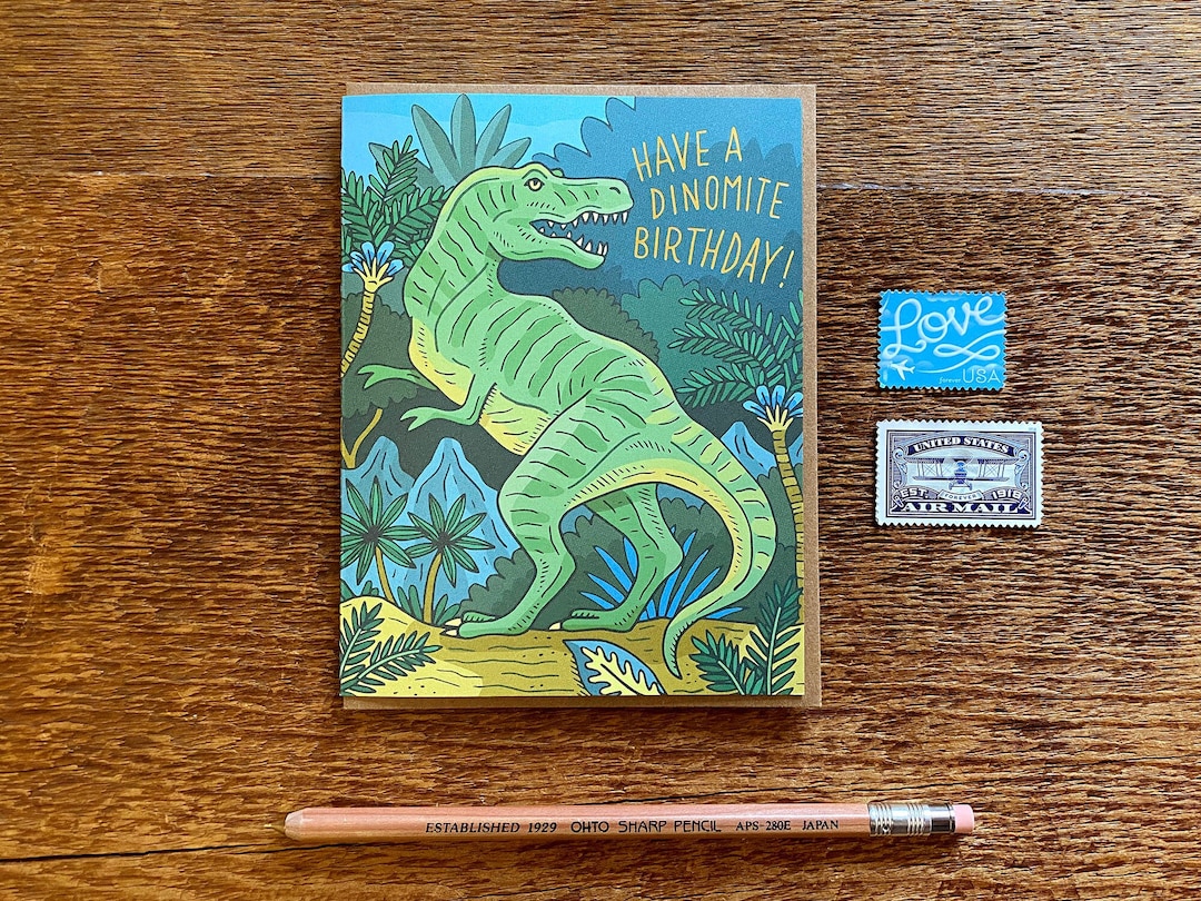 Dinosaur Birthday Card, Dino Birthday Card, Foil Printed Card, Blank ...