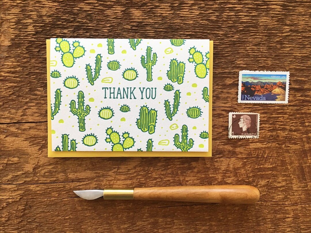 Cactus Pattern Thank You Card Letterpress Folded Note Card - Etsy