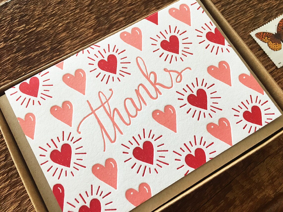 Heart Pattern Thank You Cards, Thanks, Boxed Set of 6 Letterpress ...