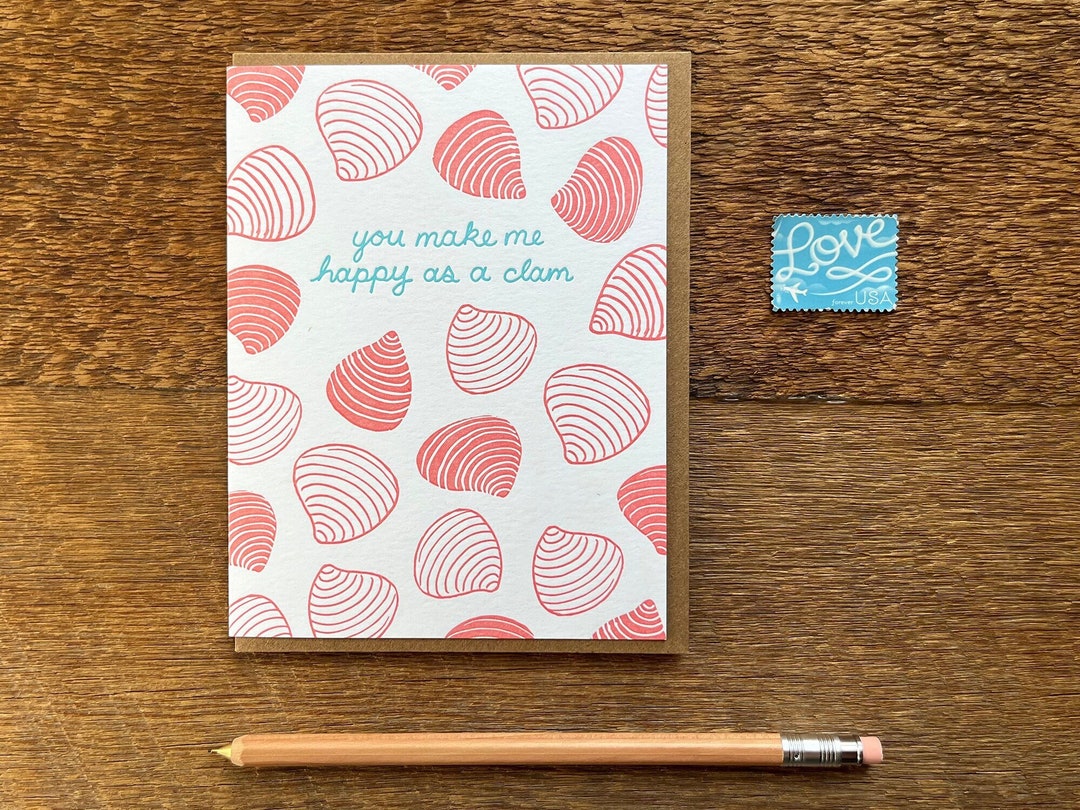 Happy Clam, Love Card, You Make Me Happy as A Clam, Single Letterpress ...