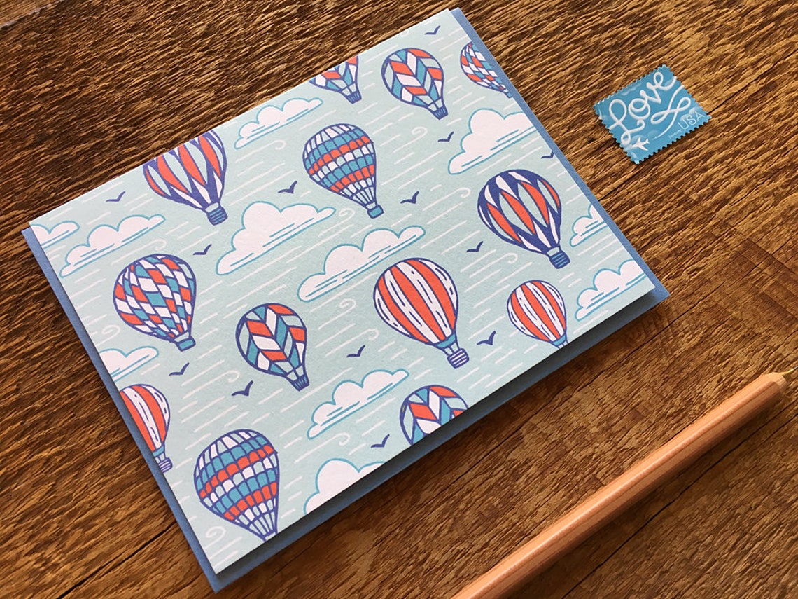 Hot Air Balloons Patterned Note Card Single Greeting Card | Etsy