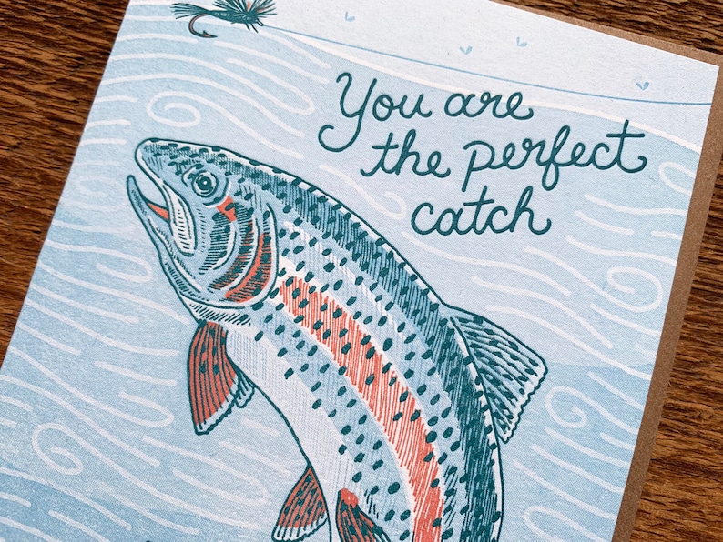 Perfect Catch Love Card, Fishing Card, Outdoors Card, Letterpress ...
