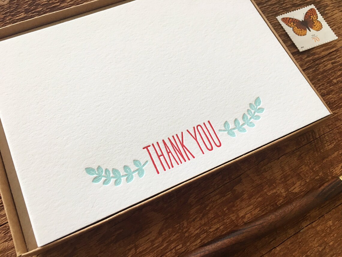 Thank You, Leaf Motif, Boxed Set of 8 Letterpress Flat Notes, Boxed ...