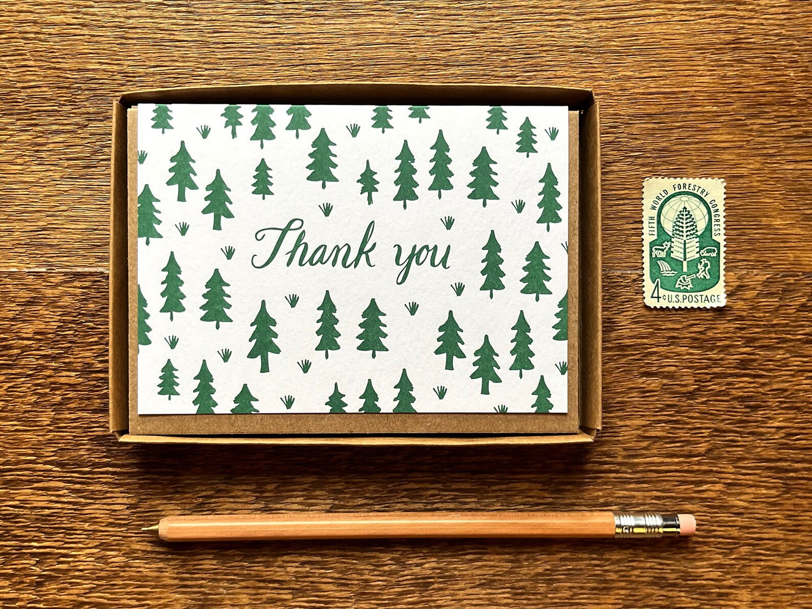 Pine Tree Pattern Thank You Cards, Thanks, Boxed Set of 6 Letterpress ...