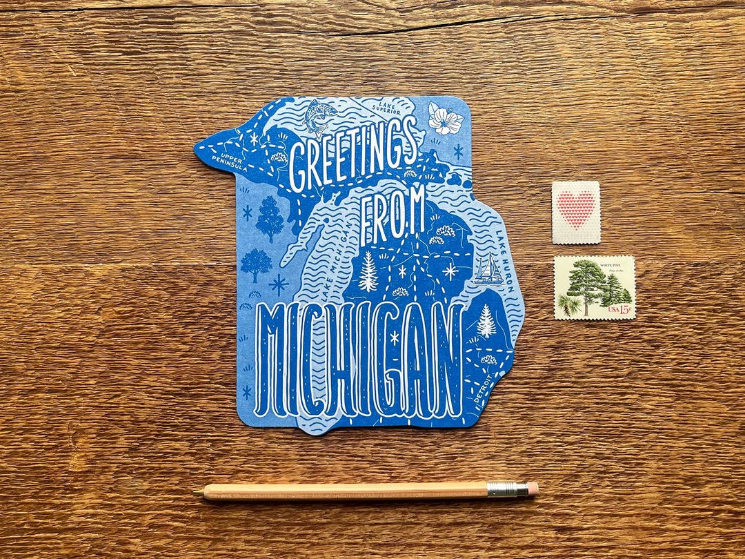 Michigan State Map Postcard, Greetings From Michigan, Great Lakes State ...
