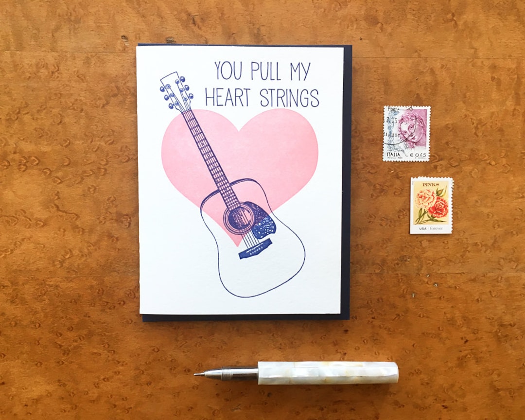 You Pull My Heart Strings, Love Card, Valentines Card, Letterpress Note ...
