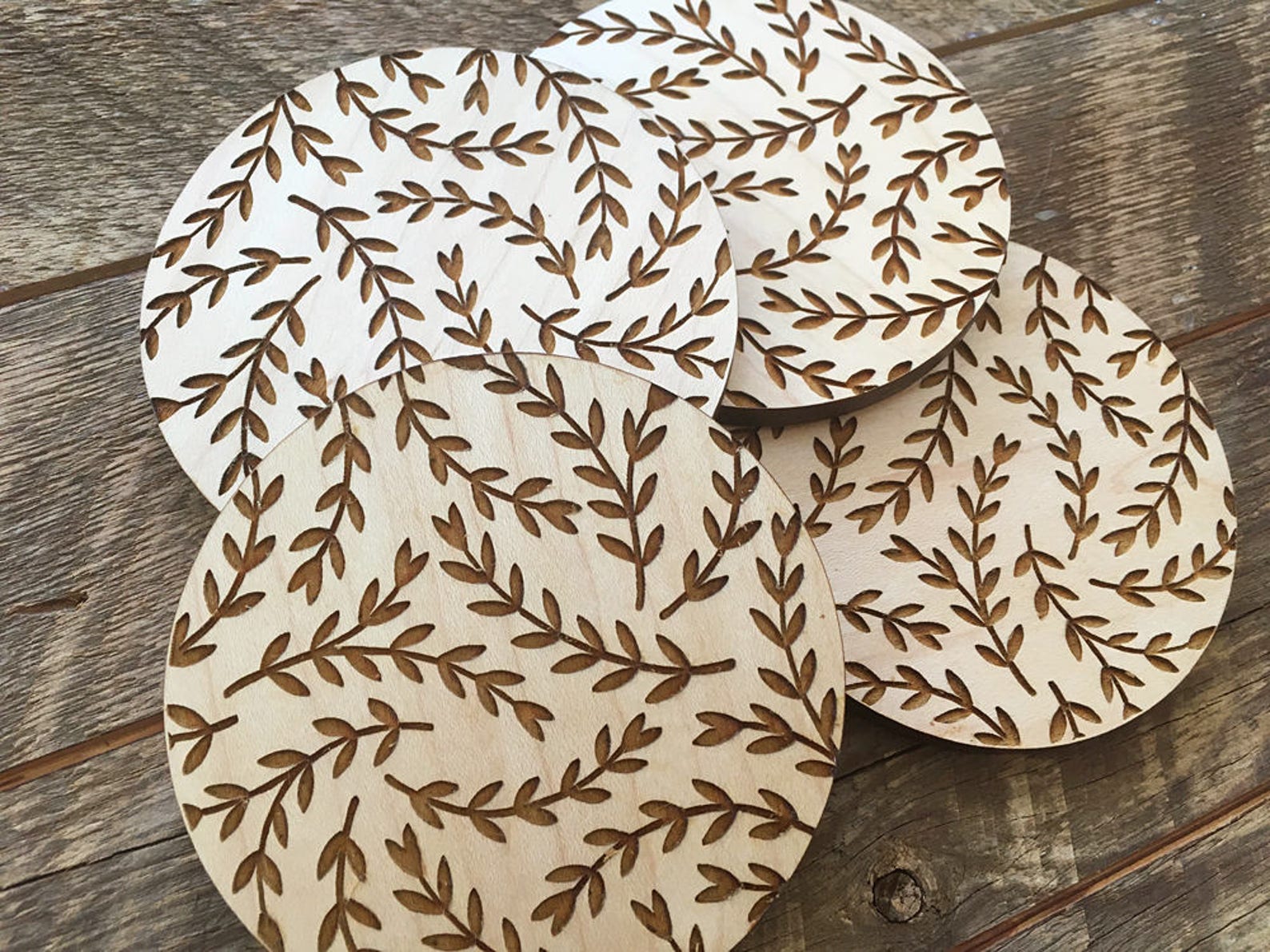 Leaf Pattern Wood Coaster Set Set of 4 Wood Coasters | Etsy