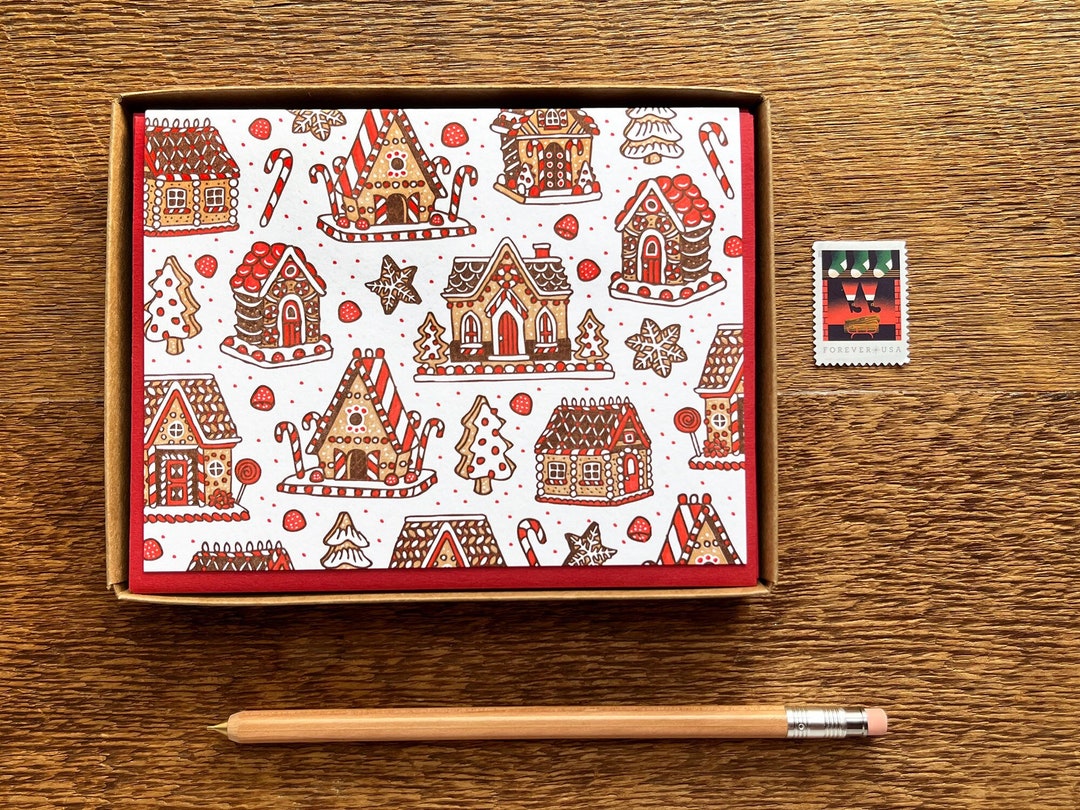 Gingerbread Houses Holiday Cards, Boxed Set of 6 Letterpress Holiday ...
