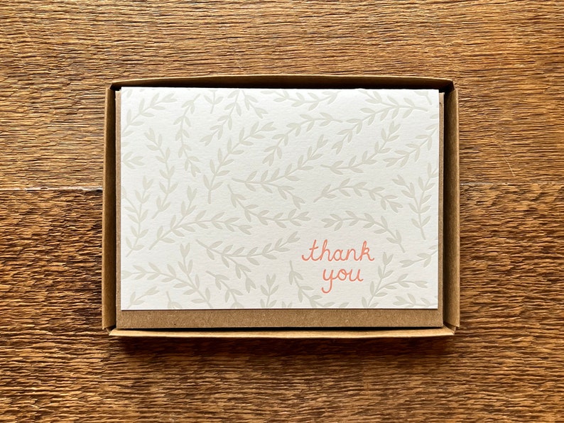 Grey Leaves Thank You Cards, Boxed Set of 6 Letterpress Cards, Blank ...