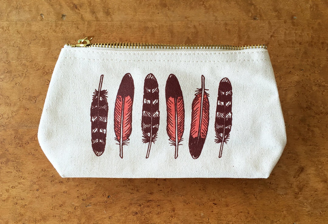 Canvas Zip Pouch, Feather Pattern, Feather Motif, Screen Printed Zip ...