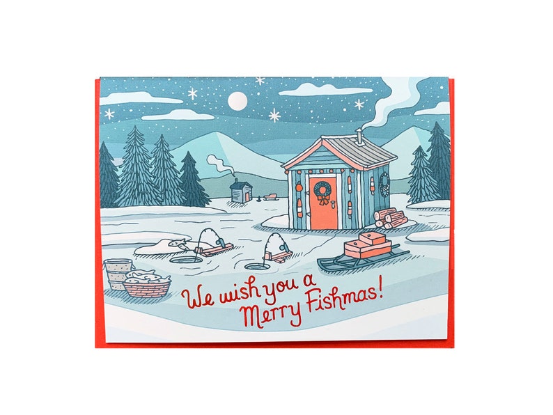 Merry Fishmas Holiday Card, Ice Fishing Christmas Card, Foil Printed ...
